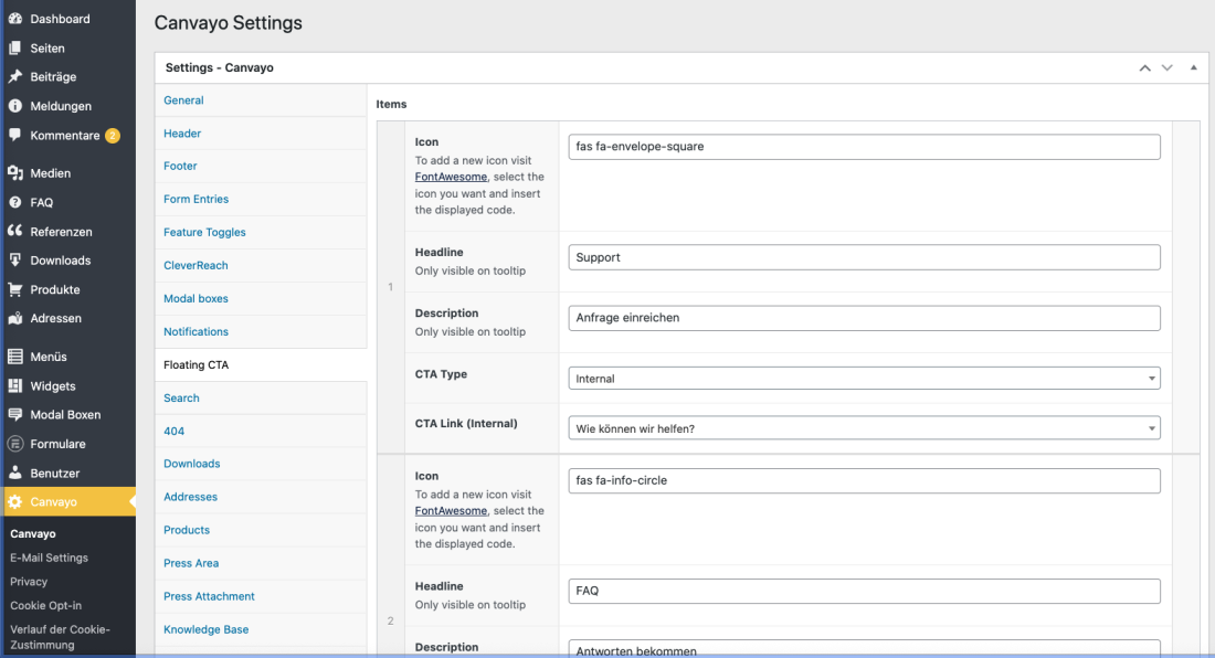 Floating CTA anpassen › CANVAYO – Support