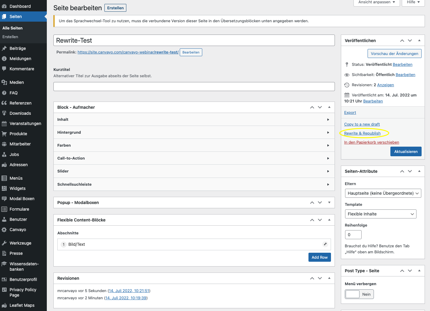 Wie kann ich Änderungen speichern ohne die Seite zu veröffentlichen? › CANVAYO – Support